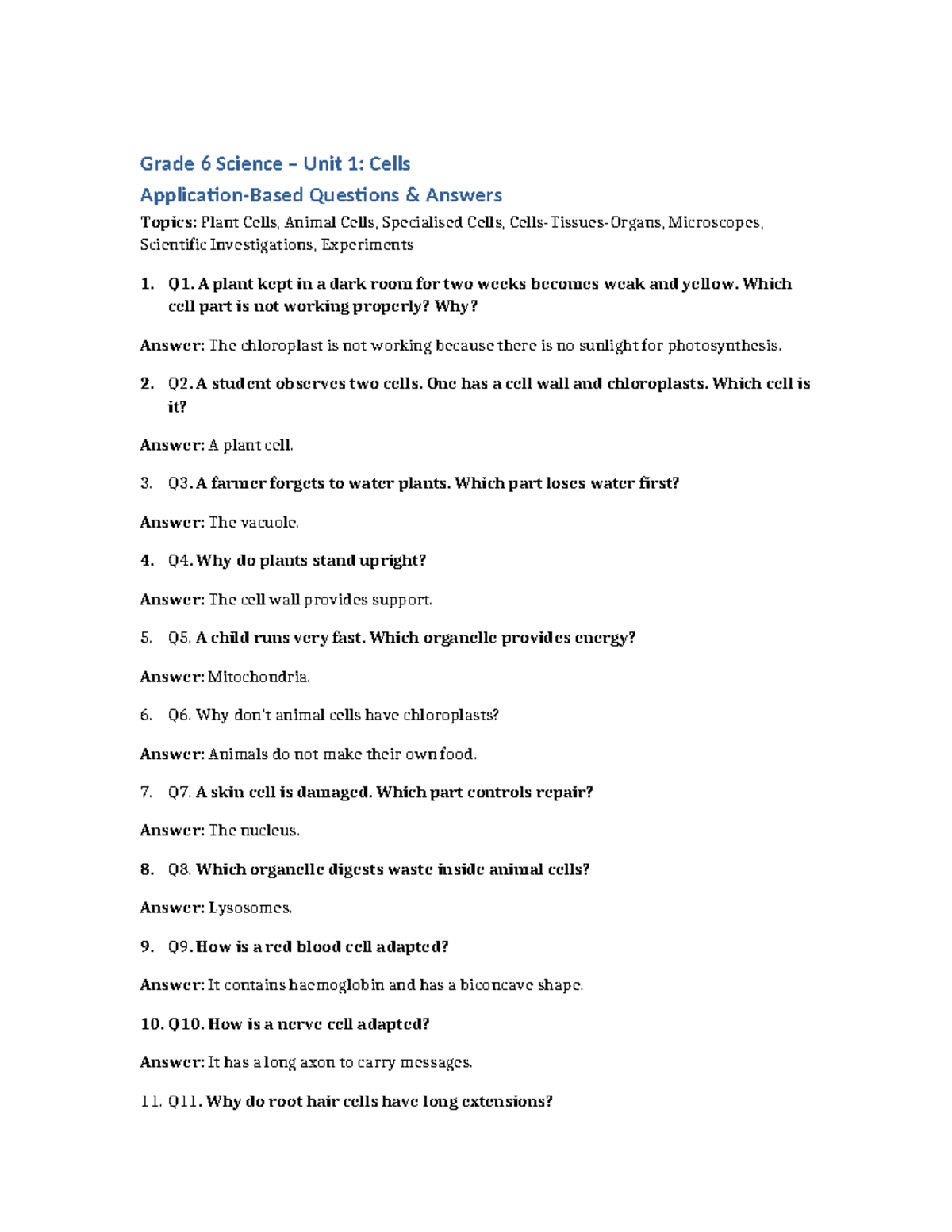 Grade 6 Science Unit 1: Cells Application Q&A - Studocu