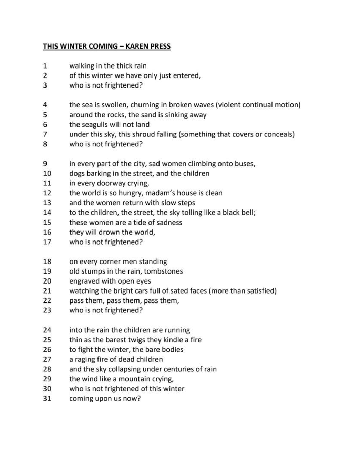 ENG 101: Analysis of "This Winter Coming" Poem and Its Themes - Studocu