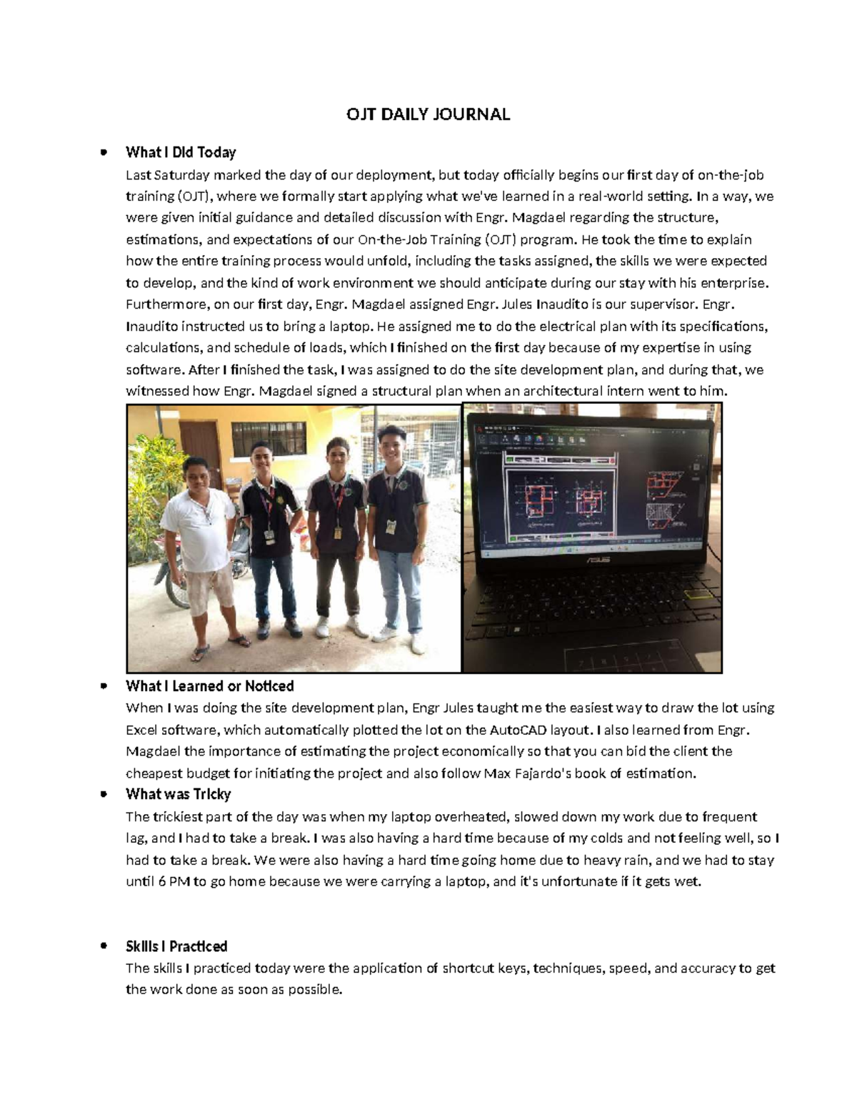 OJT Daily Journal: First Day Training Insights (June 16, 2025) - Studocu