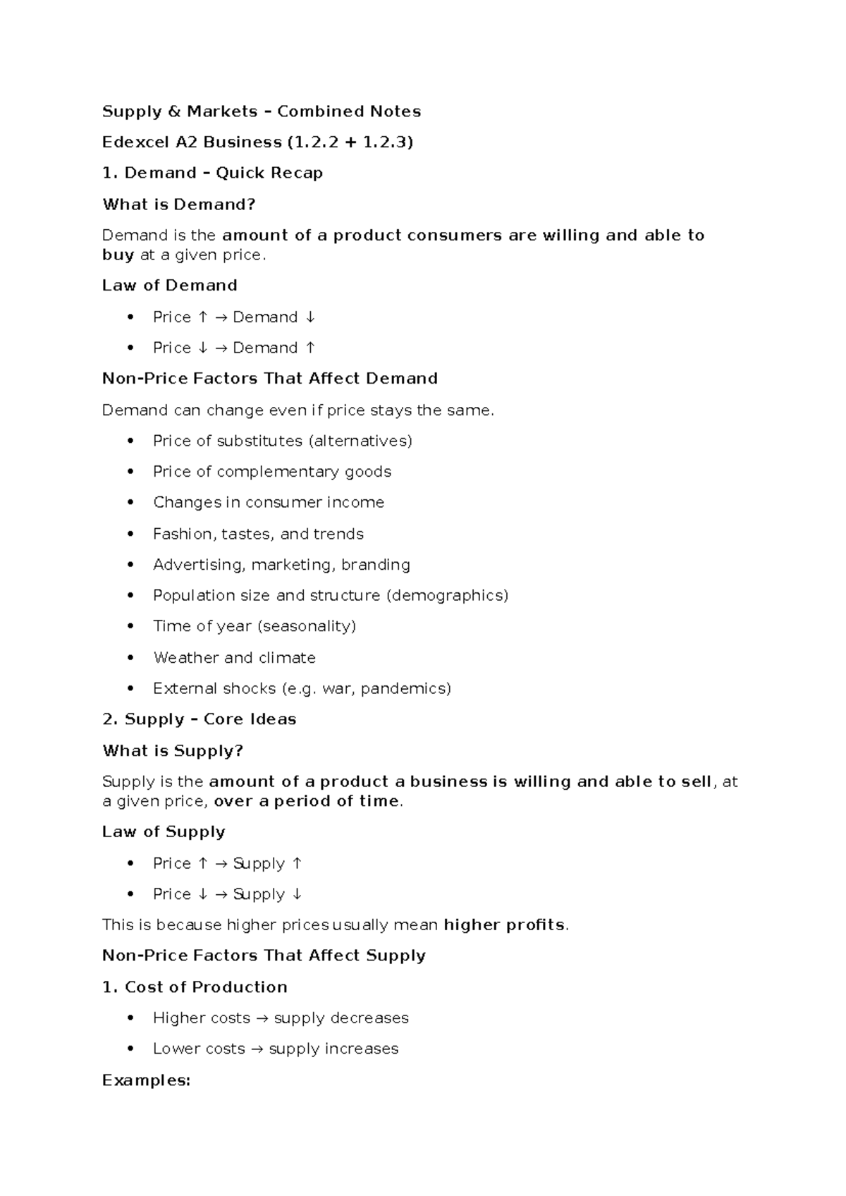 Supply and Demand Combined Notes Edexcel A2 Business (1.2.2 1.2.3 ...