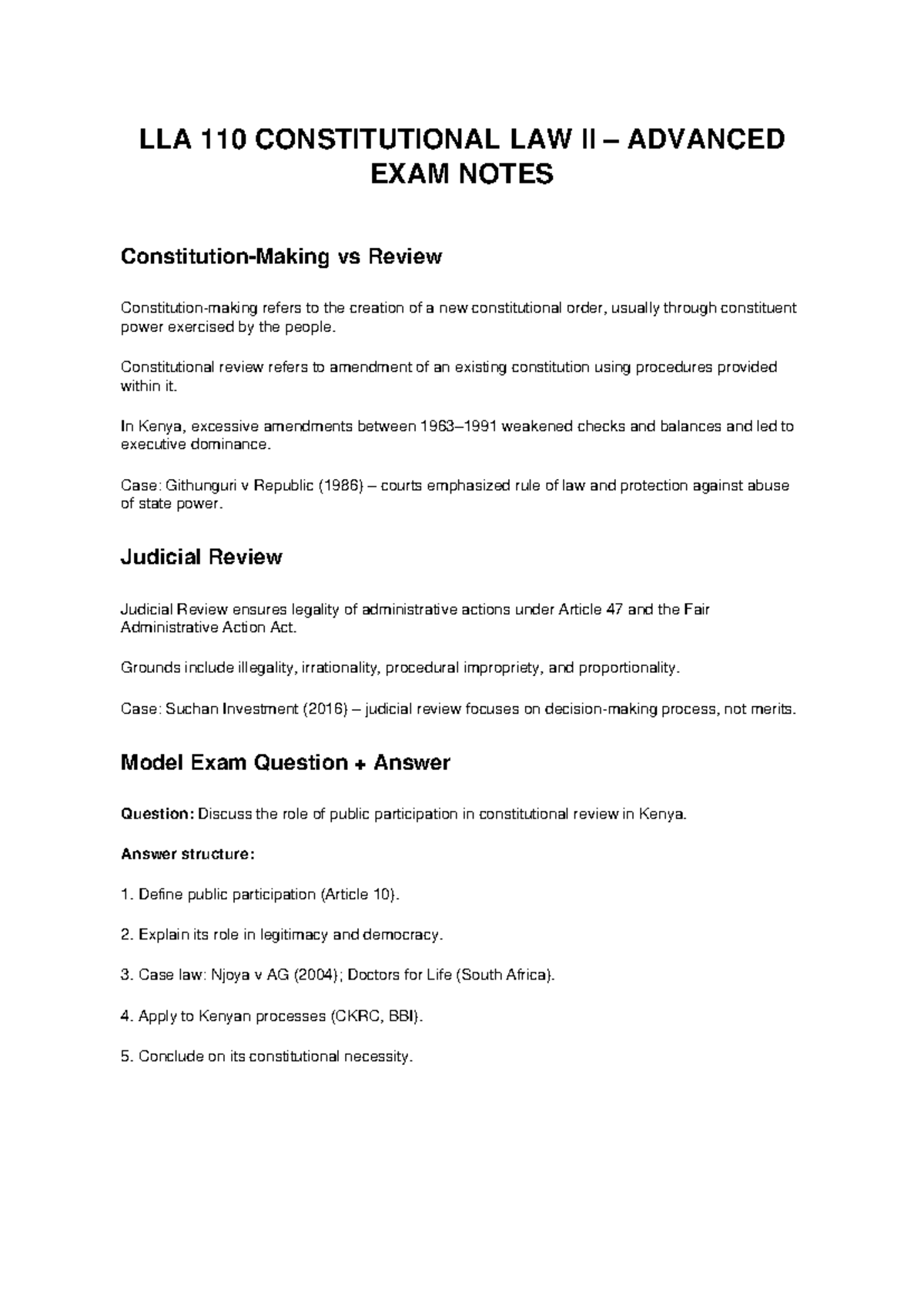 LLA 110 Constitutional Law II Advanced Exam Notes - Studocu