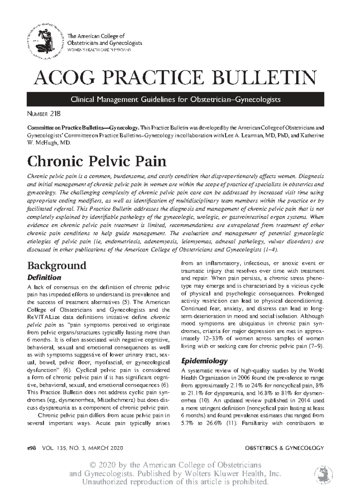 Chronic Pelvic Pain Management: ACOG Practice Bulletin No. 218 - Studocu