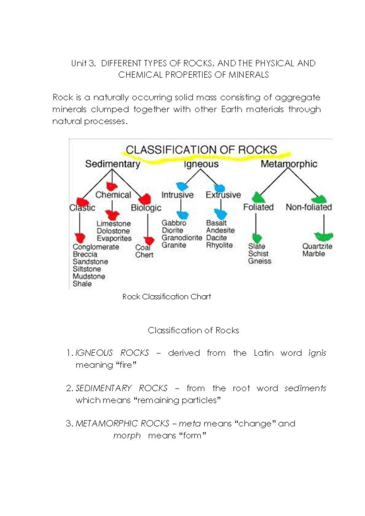 Unit 3: Types of Rocks & Properties of Minerals - Studocu