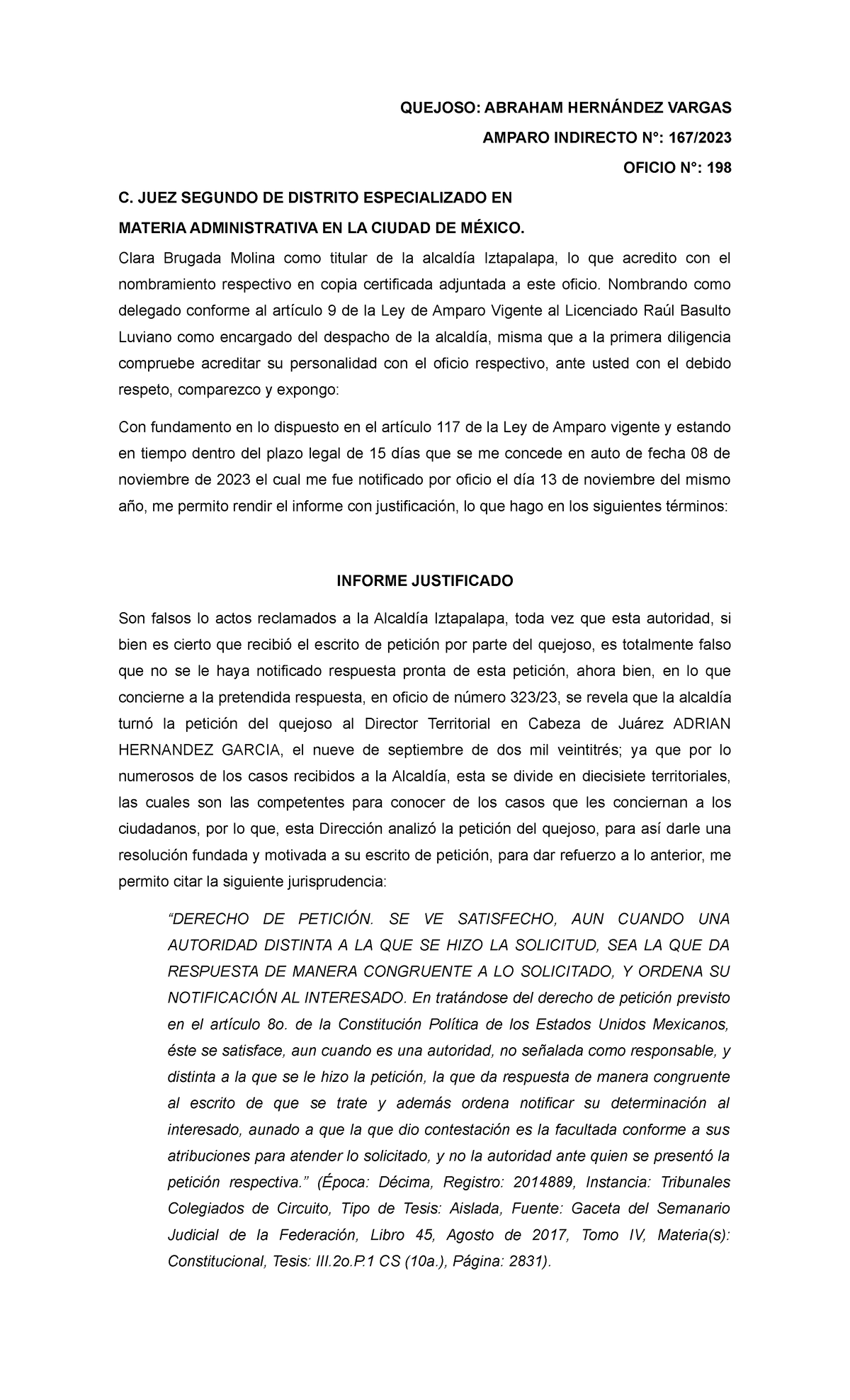 Informe Justificado de Amparo Indirecto N° 167/ - Iztapalapa - Studocu