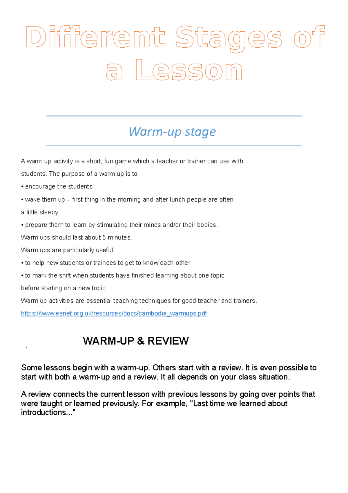 Different Stages of a Lesson: Warm-up, Review, and Practice Techniques ...