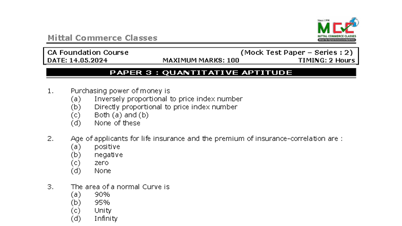 CA Foundation Course: Mock Test Paper 2 - Quantitative Aptitude - Studocu