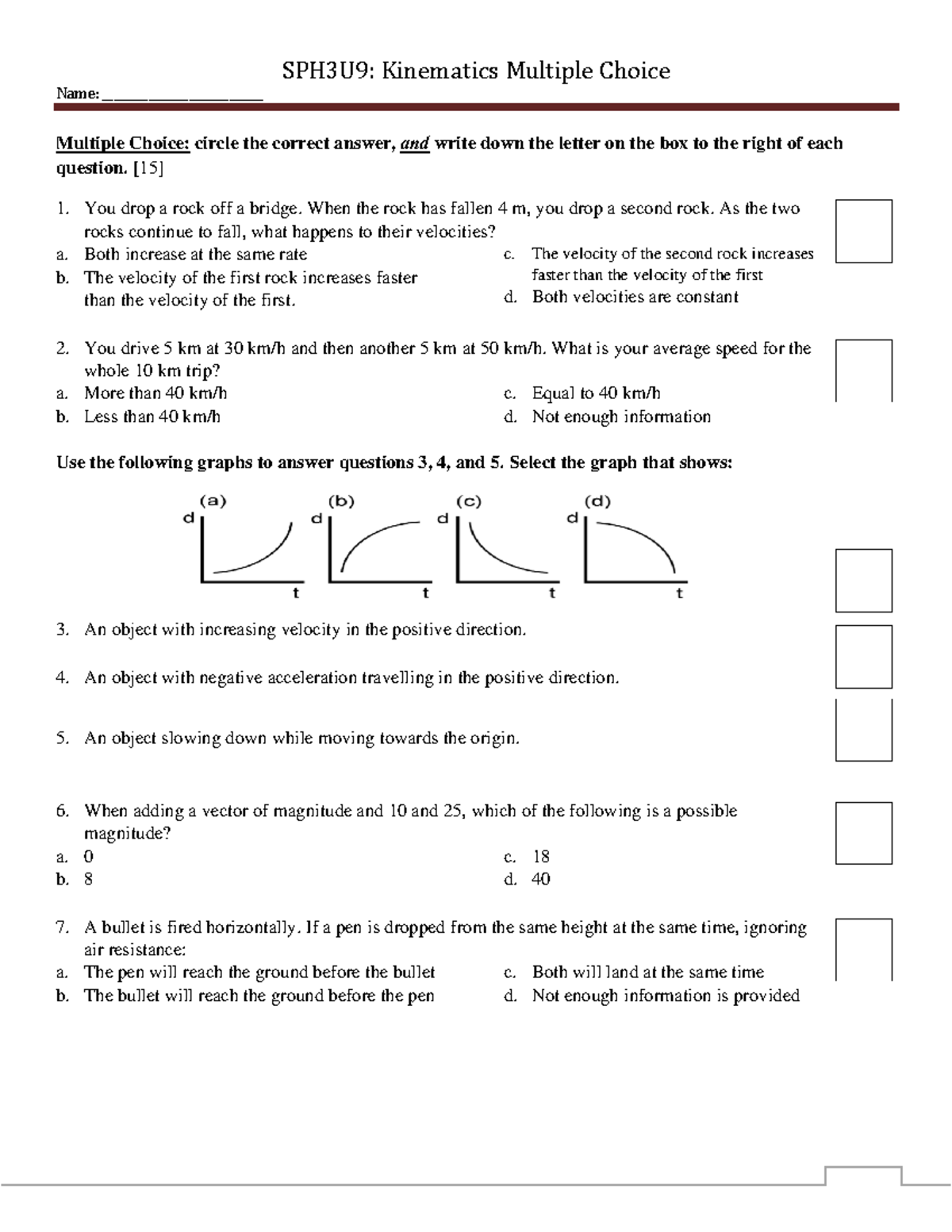 SPH3U9 Kinematics Test: Multiple Choice Questions and Answers - Studocu