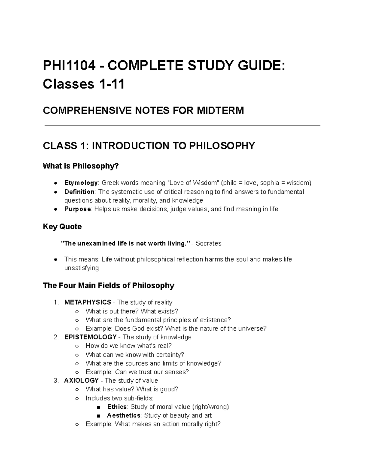 PHI1104 - Comprehensive Study Guide for Midterm: Intro to Philosophy ...
