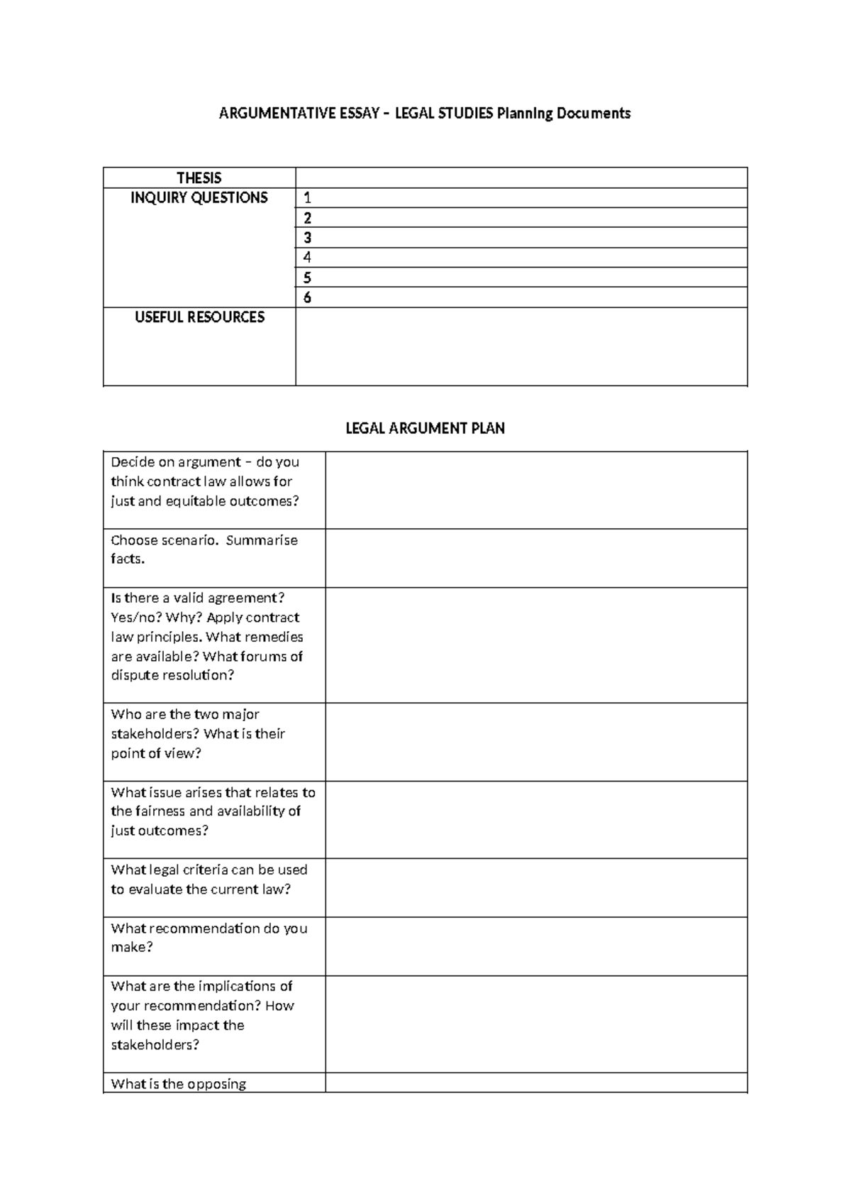 Legal Studies Argumentative Essay Plan: Contract Law Analysis - Studocu