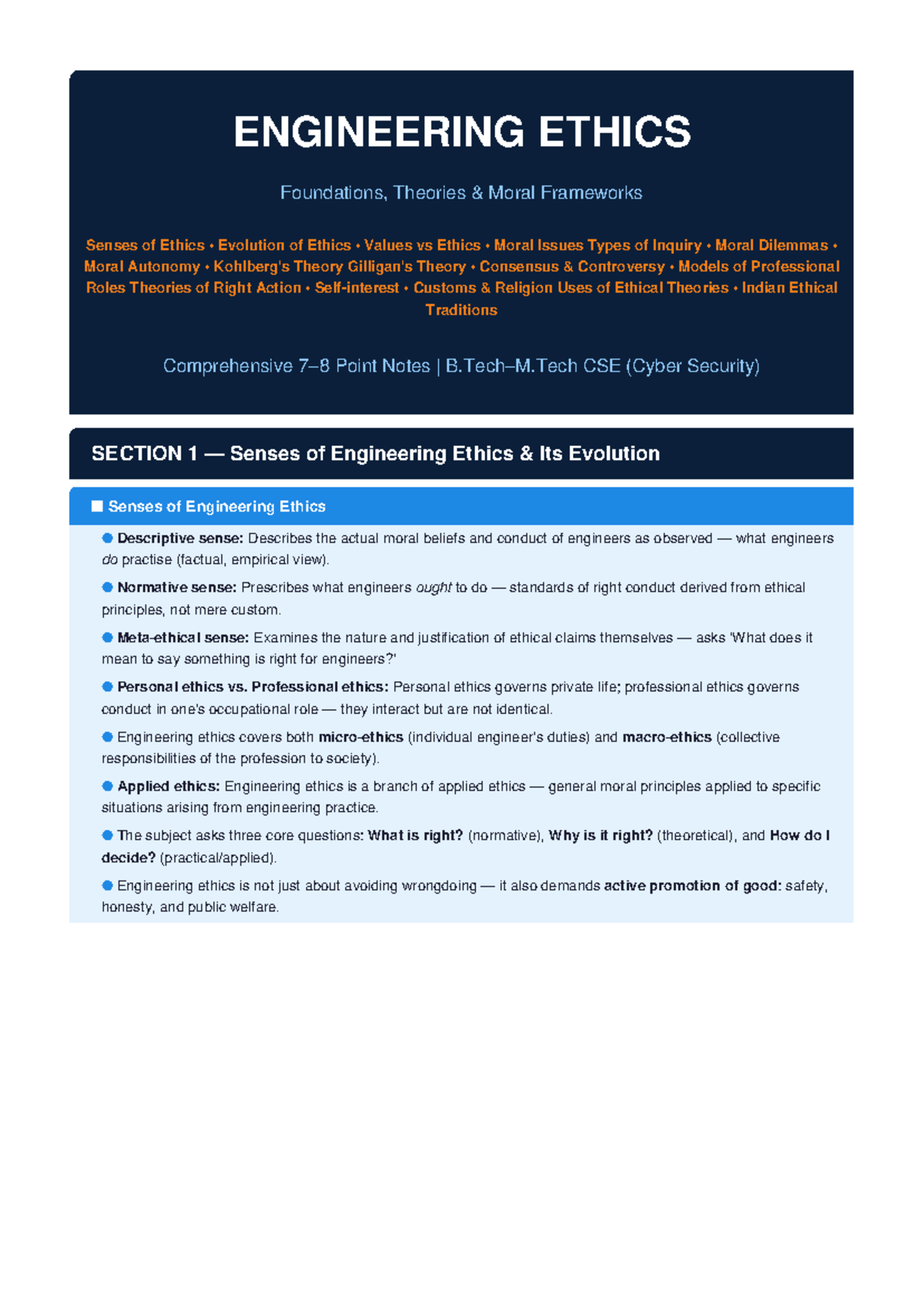 Engineering Ethics Unit 1 Notes: Foundations, Theories & Frameworks CSE ...