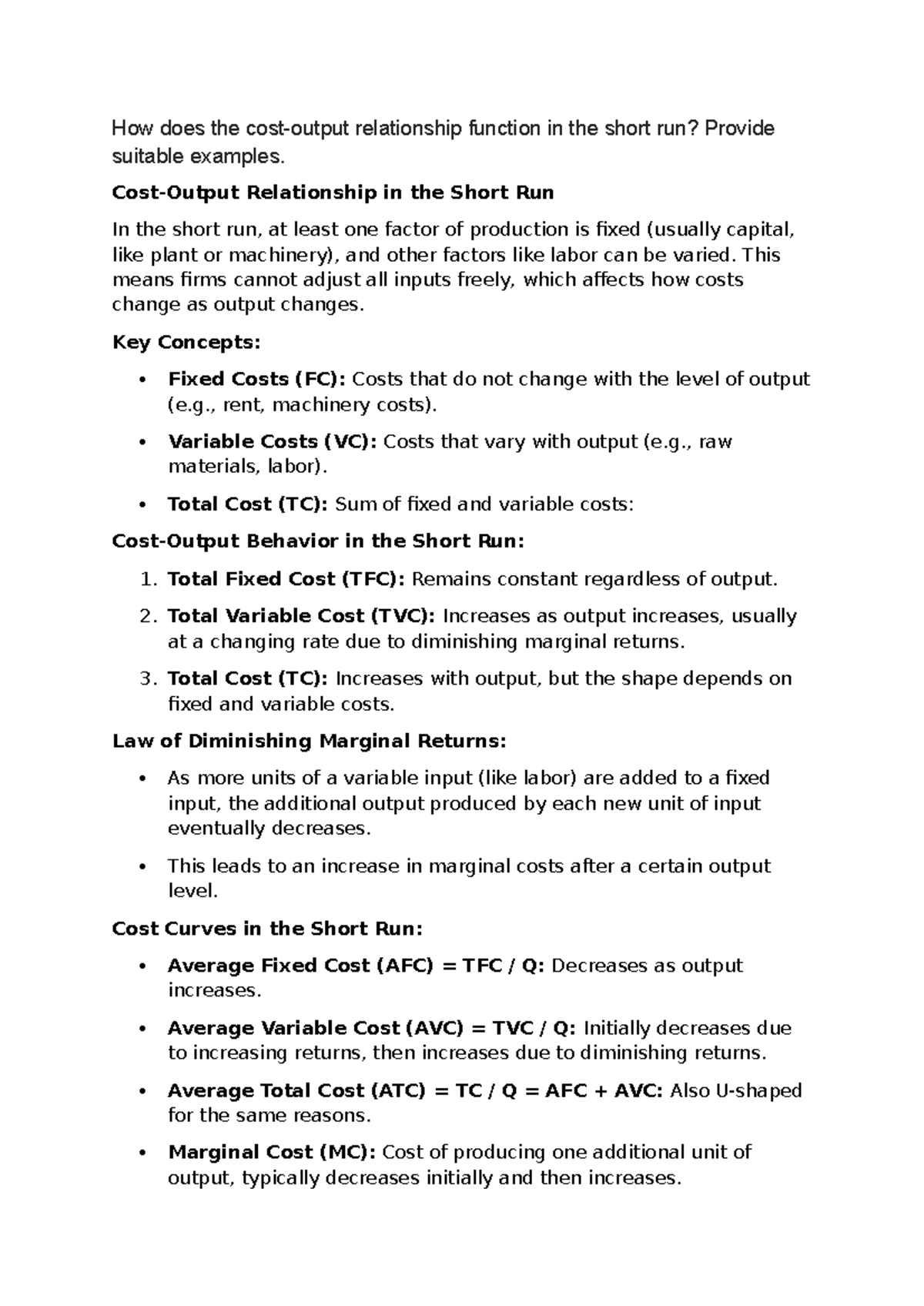Cost-Output Relationship in the Short Run: Key Concepts & Examples ...