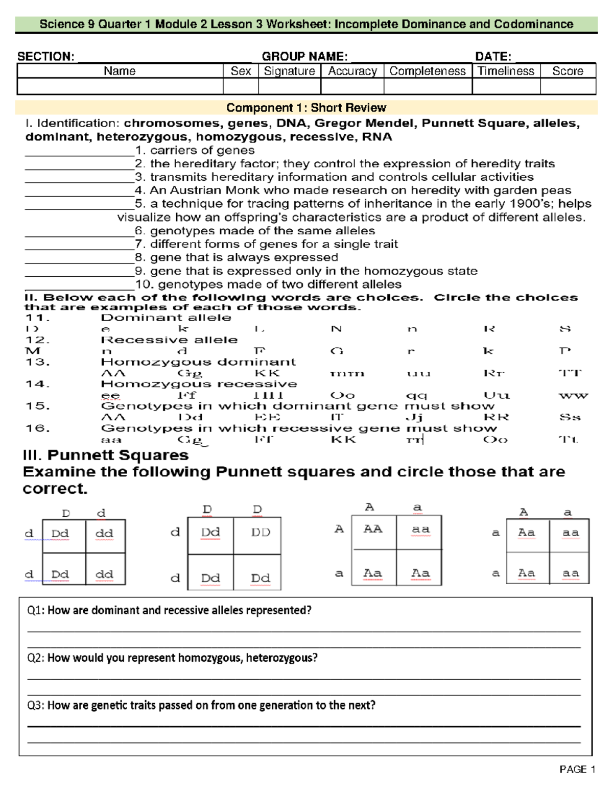 SCI9Q1 Lesson 3 Worksheet: Incomplete Dominance & Codominance - Studocu