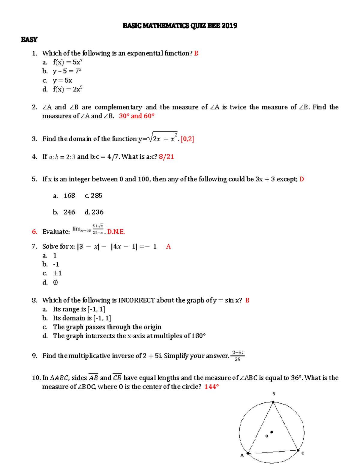 BASIC MATHEMATICS QUIZ BEE 2019: EXAMPLES & SOLUTIONS - Studocu
