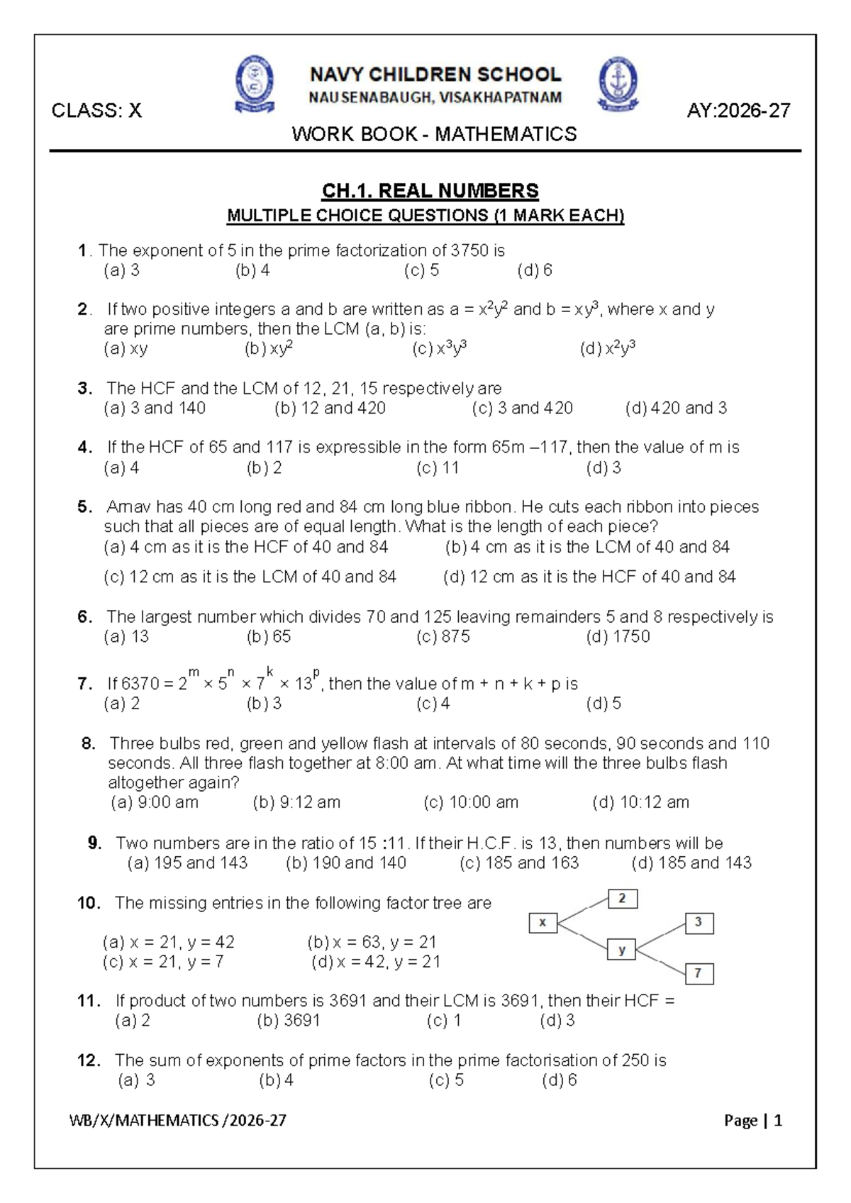 Worksheet: MCQs on Real Numbers for Class X - Studocu