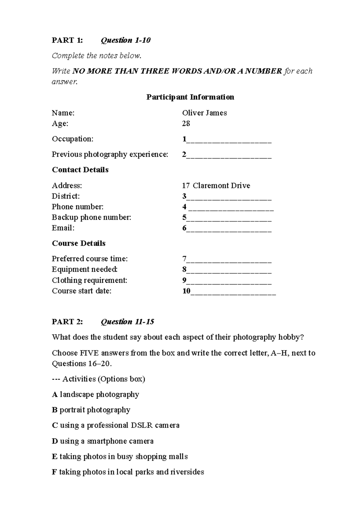 Photography Course Notes: Participant Info & Activities - Studocu