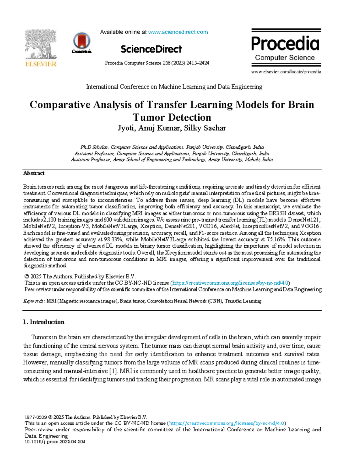Comparative Study of Transfer Learning Models for Brain Tumor Detection ...