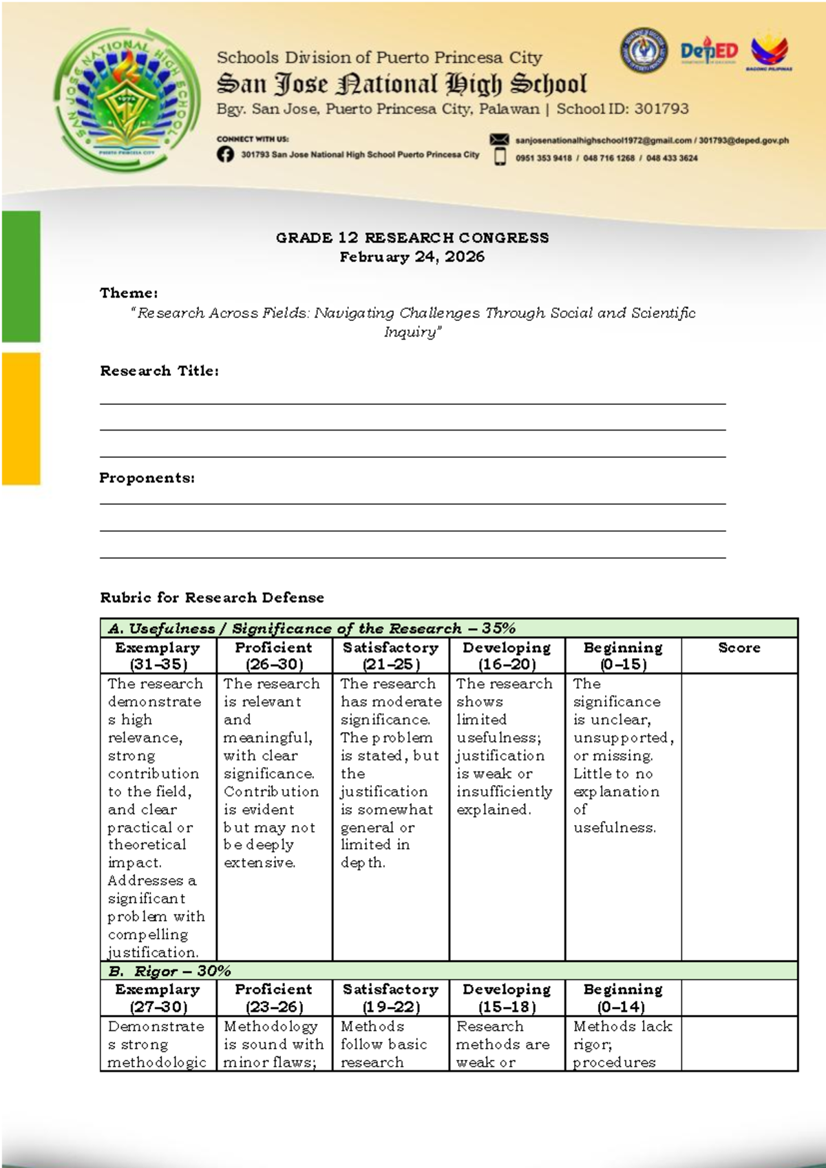 GRADE 12 RESEARCH CONGRESS 2026: Research Defense Rubric - Studocu
