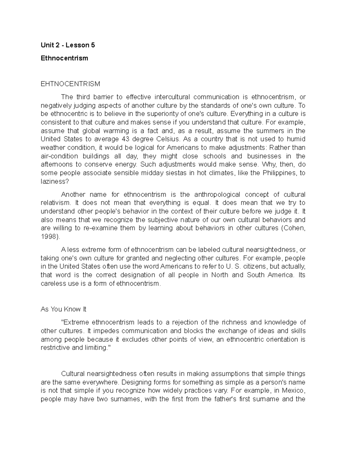 Unit 2 - Lesson 5: Understanding Ethnocentrism in Culture - Studocu