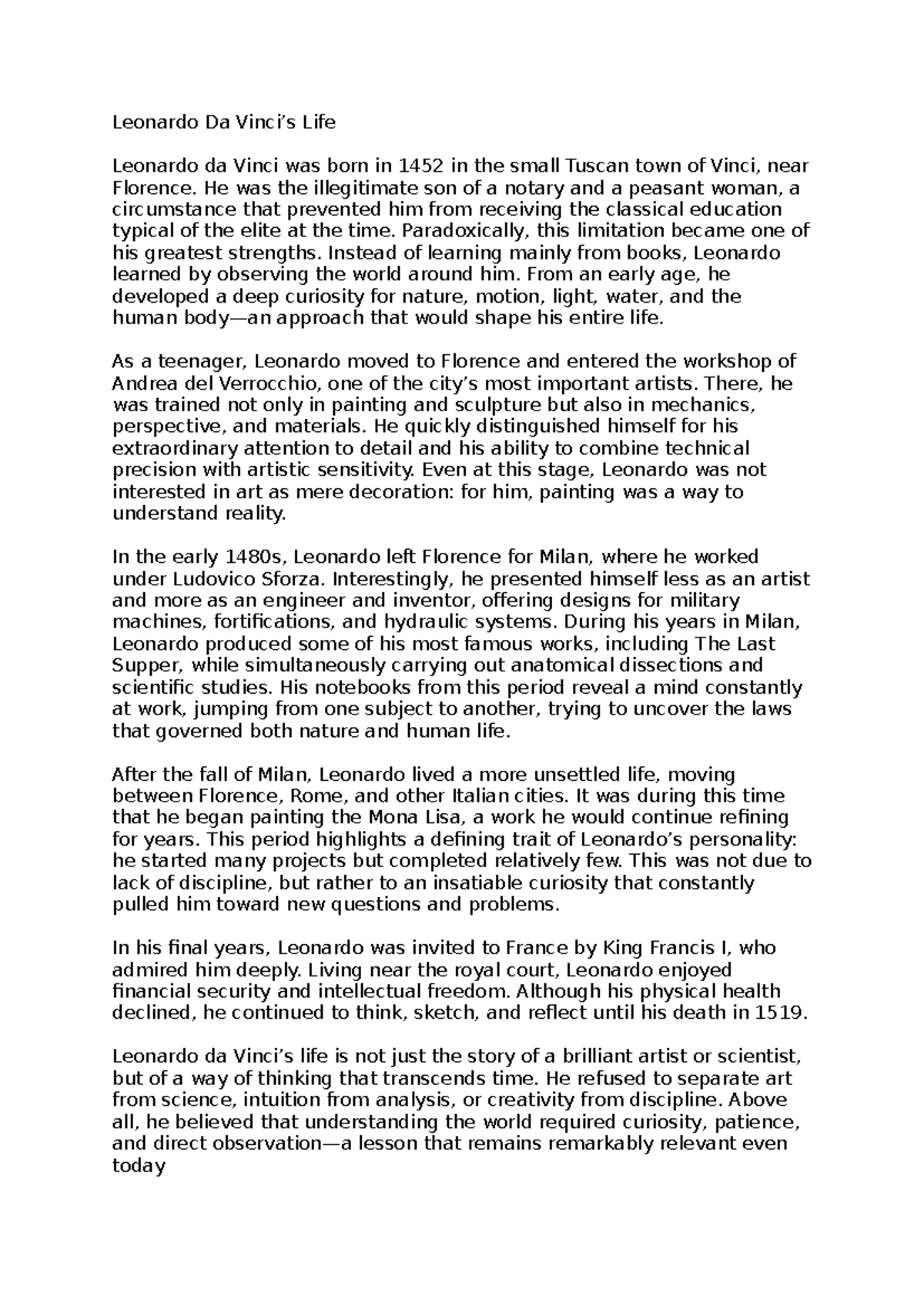 Leonardo Da Vinci: A Life of Art, Science, and Curiosity - Studocu