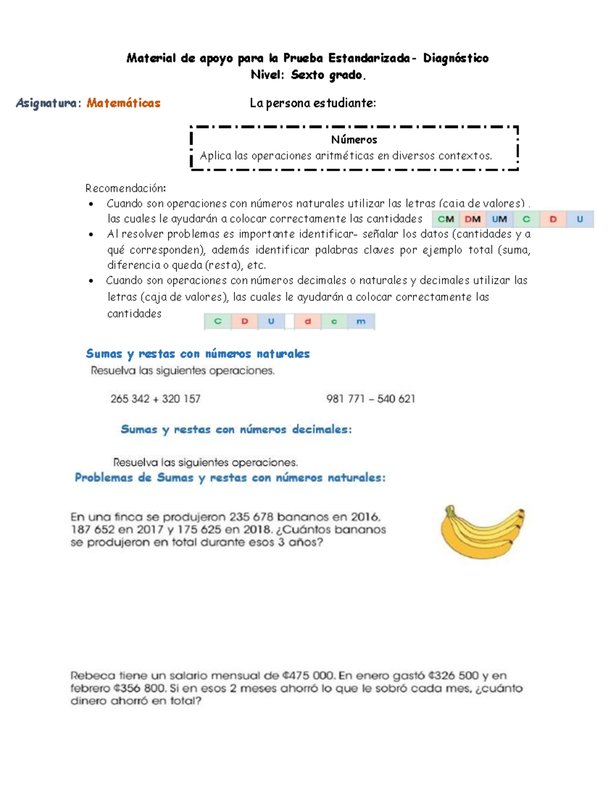 Material de Apoyo para la Prueba Diagnóstico: Matemáticas 6to Grado ...