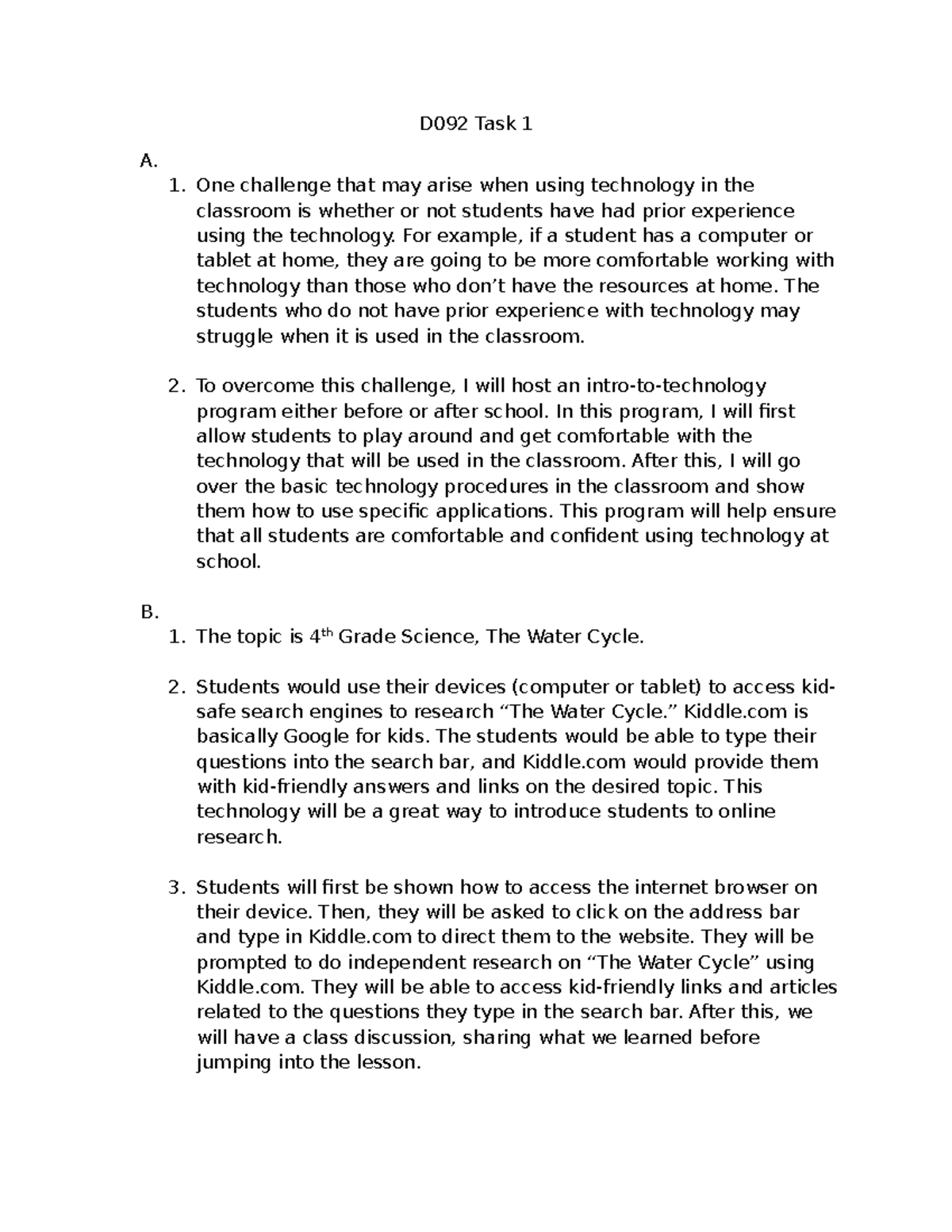 D092 Task 1 - Overcoming Tech Challenges in 4th Grade Science - Studocu