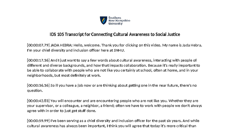 IDS 105 Transcript: Cultural Awareness & Social Justice Insights - Studocu