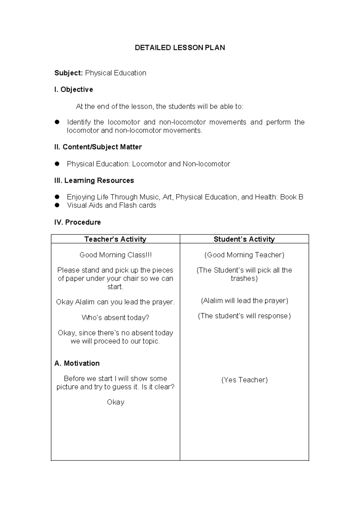 Detailed Lesson Plan on Locomotor and Non-Locomotor Movements - Studocu