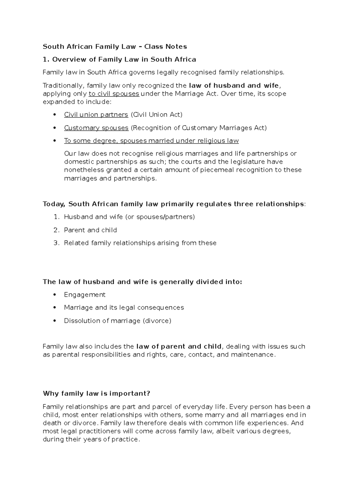 South African Family Law Class Notes: Overview and Key Concepts - Studocu