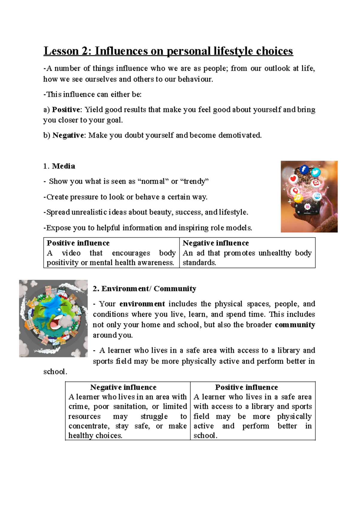 Lesson 2: Influences on Personal Lifestyle Choices - Grade 7 Notes ...