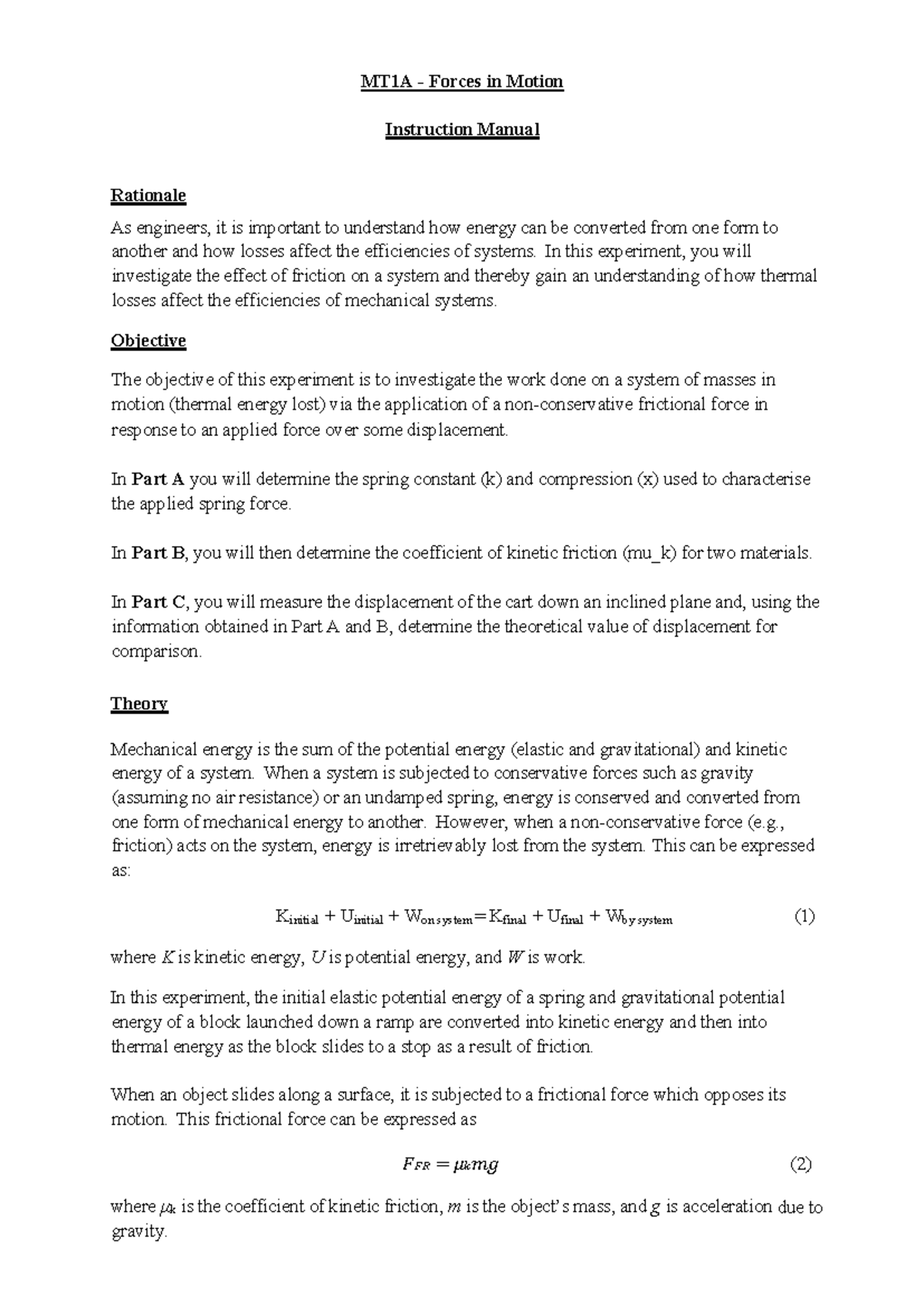 MT1A - Forces in Motion Experiment Manual - S1, 2026 - Studocu