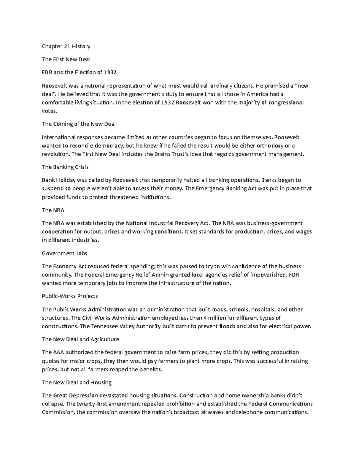 Outline of Chapter 21: The First New Deal - Eric Foner's History Book ...