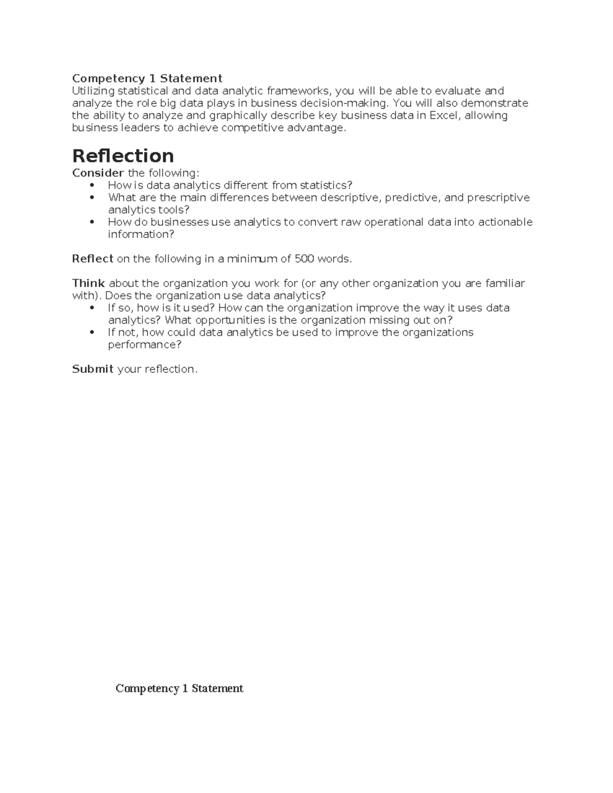 Datcb-565 Competency 1 Reflection on Data Analytics in Business - Studocu