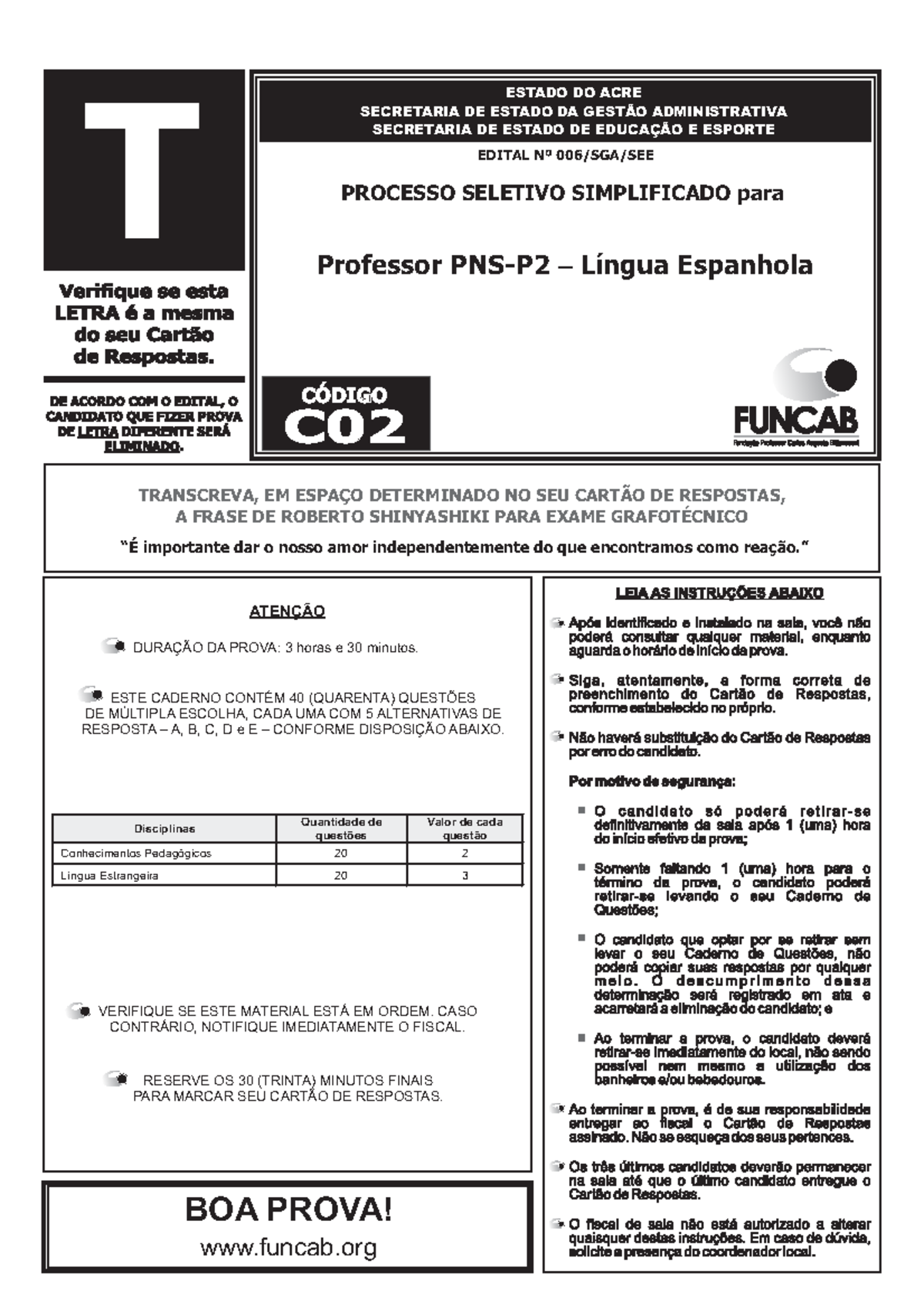 Funcab 2014: Prova de Língua Espanhola - Professor PNS-P2 - Studocu