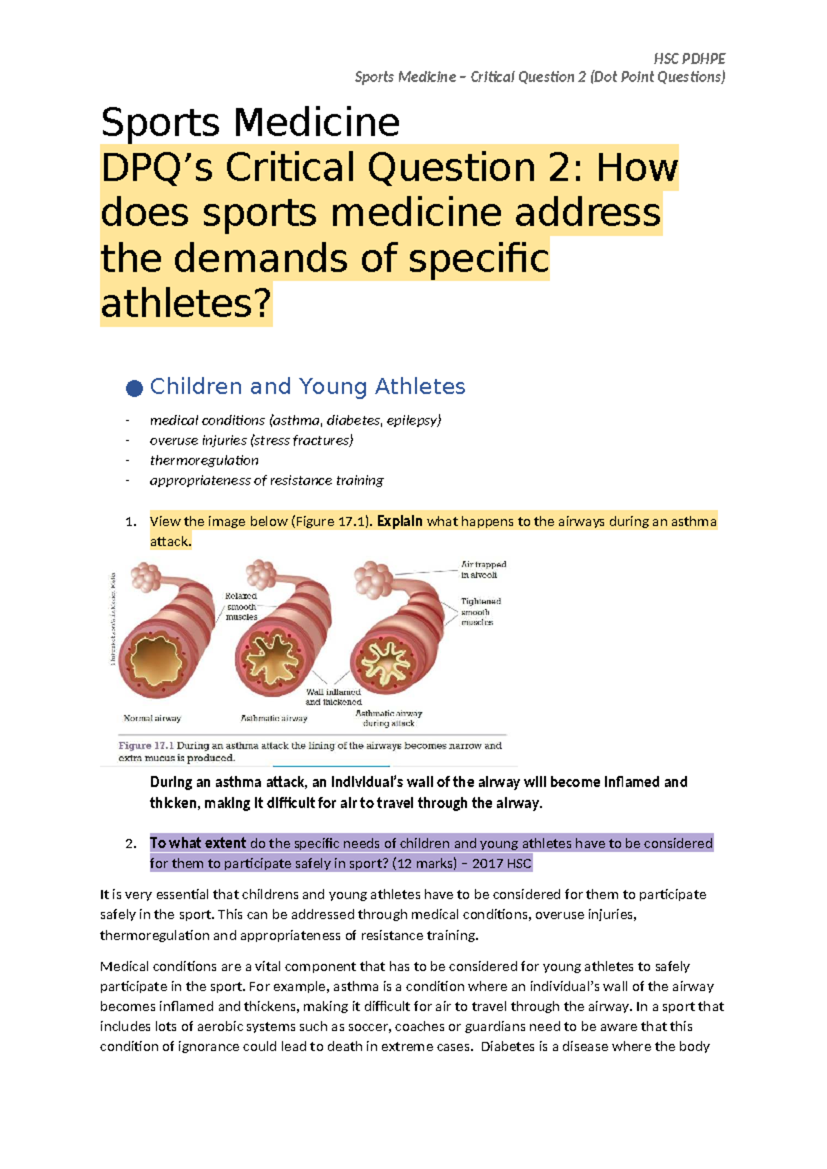 HSC PDHPE Sports Medicine Critical Questions 2: Athlete Considerations ...