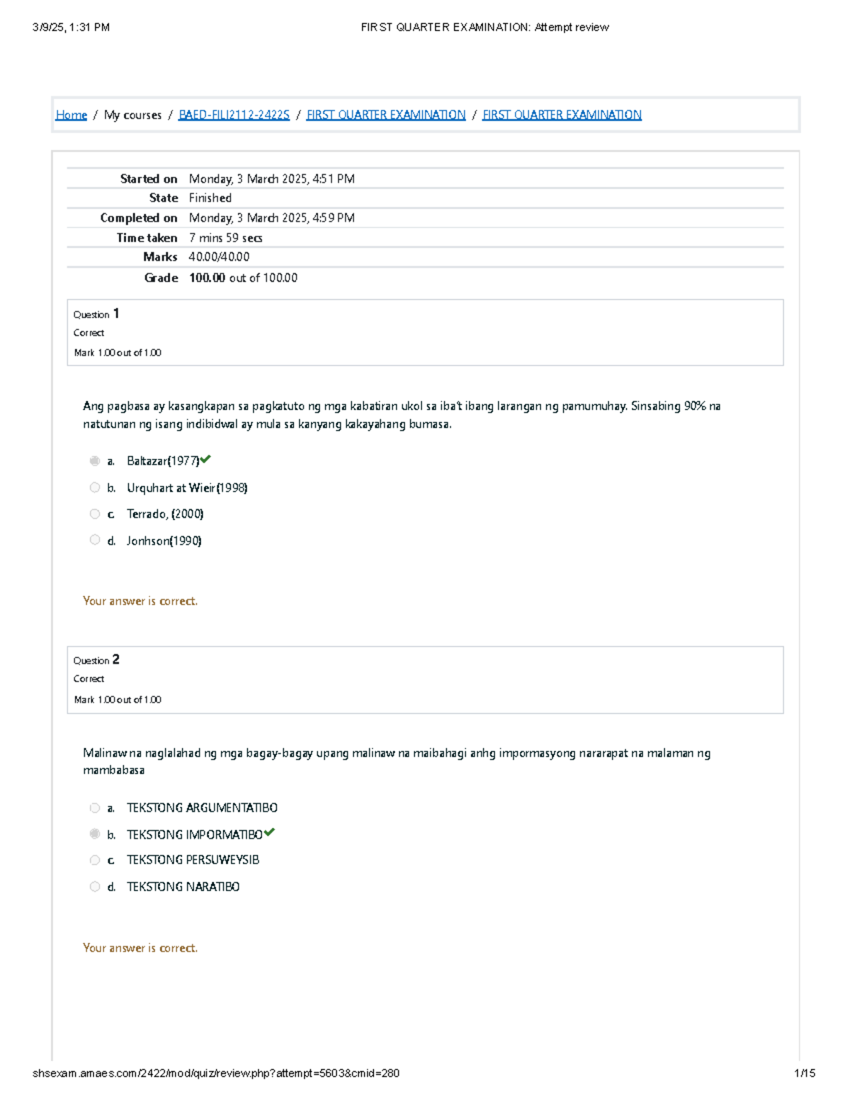 FIL101: First Quarter Examination Review and Answers - Studocu