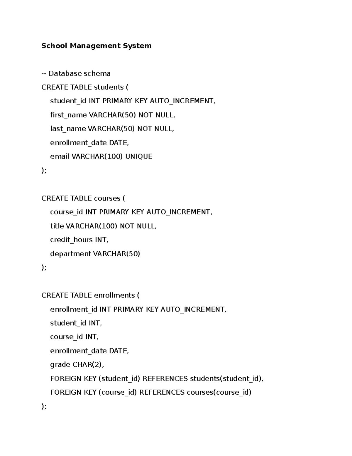 School Management System SQL Schema Overview - Studocu