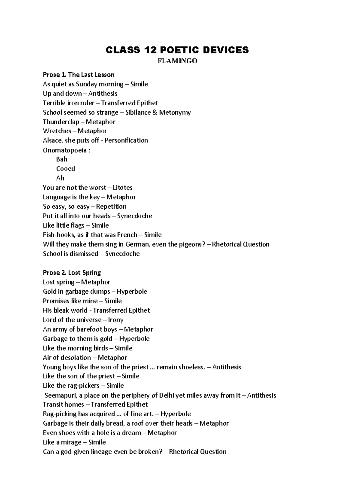 CLASS 12 POETIC DEVICES: ANALYSIS OF FLAMINGO PROSE & POEMS - Studocu