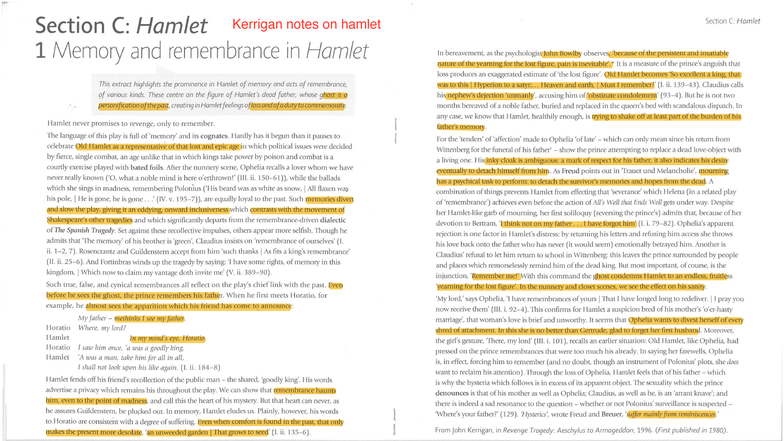UCL Anthology: Kerrigan's Insights on Memory in Hamlet - Studocu