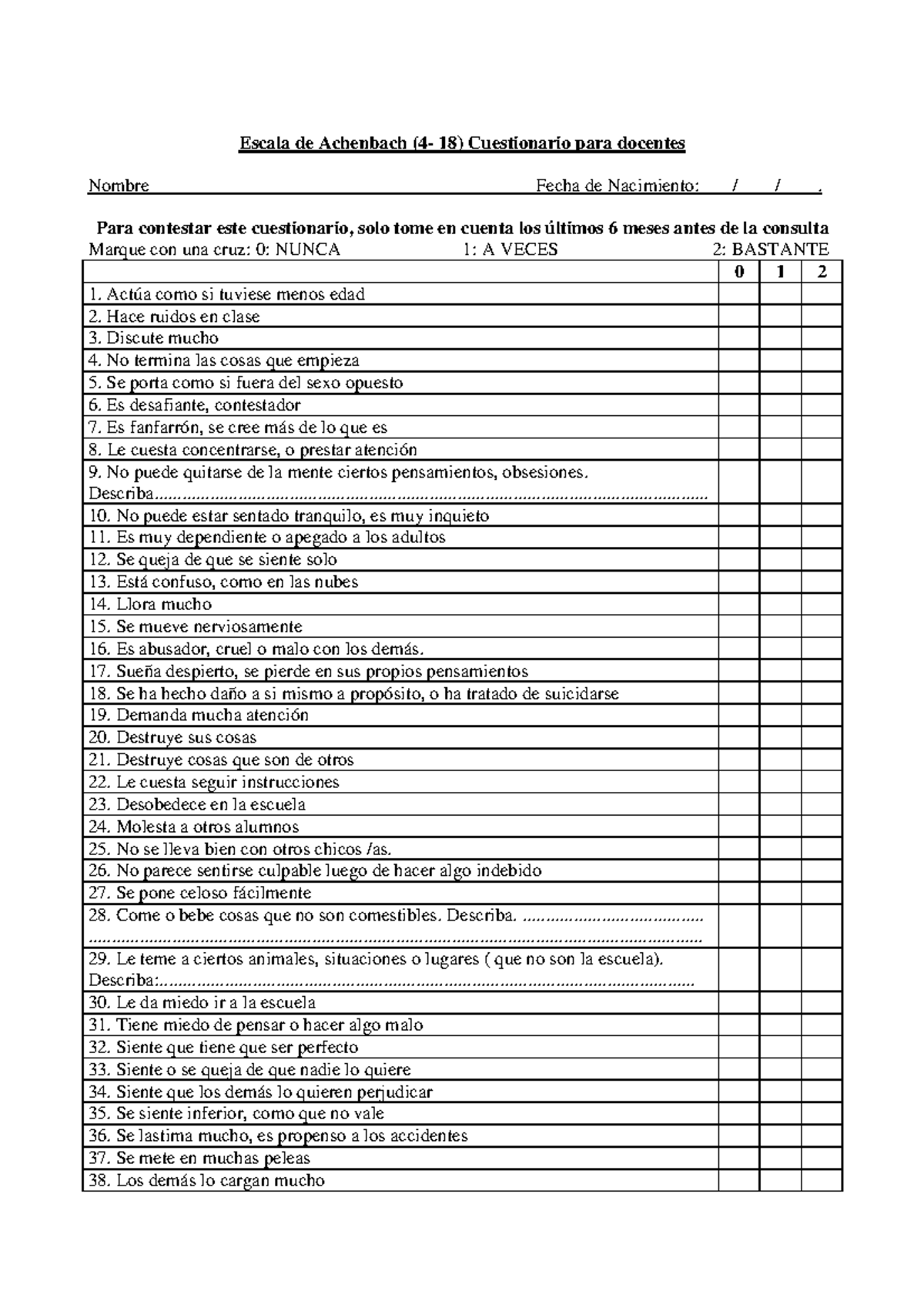 Cuestionario Achenbach para Docentes - PSICOLOGÍA - Studocu
