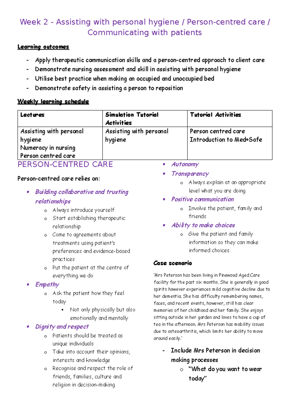 Professional Practice 1 Notes Wk 1-5 - Week 2 - Assisting with personal ...