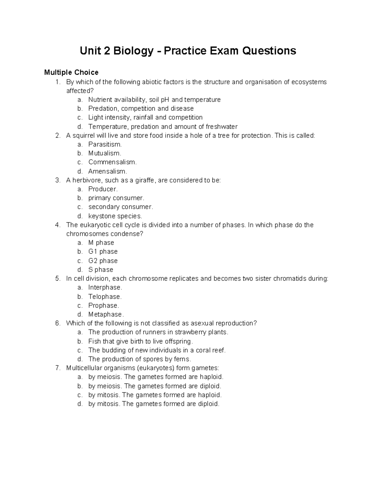 Unit 2 Biology - Practice Exam Questions (Multiple Choice) - Studocu