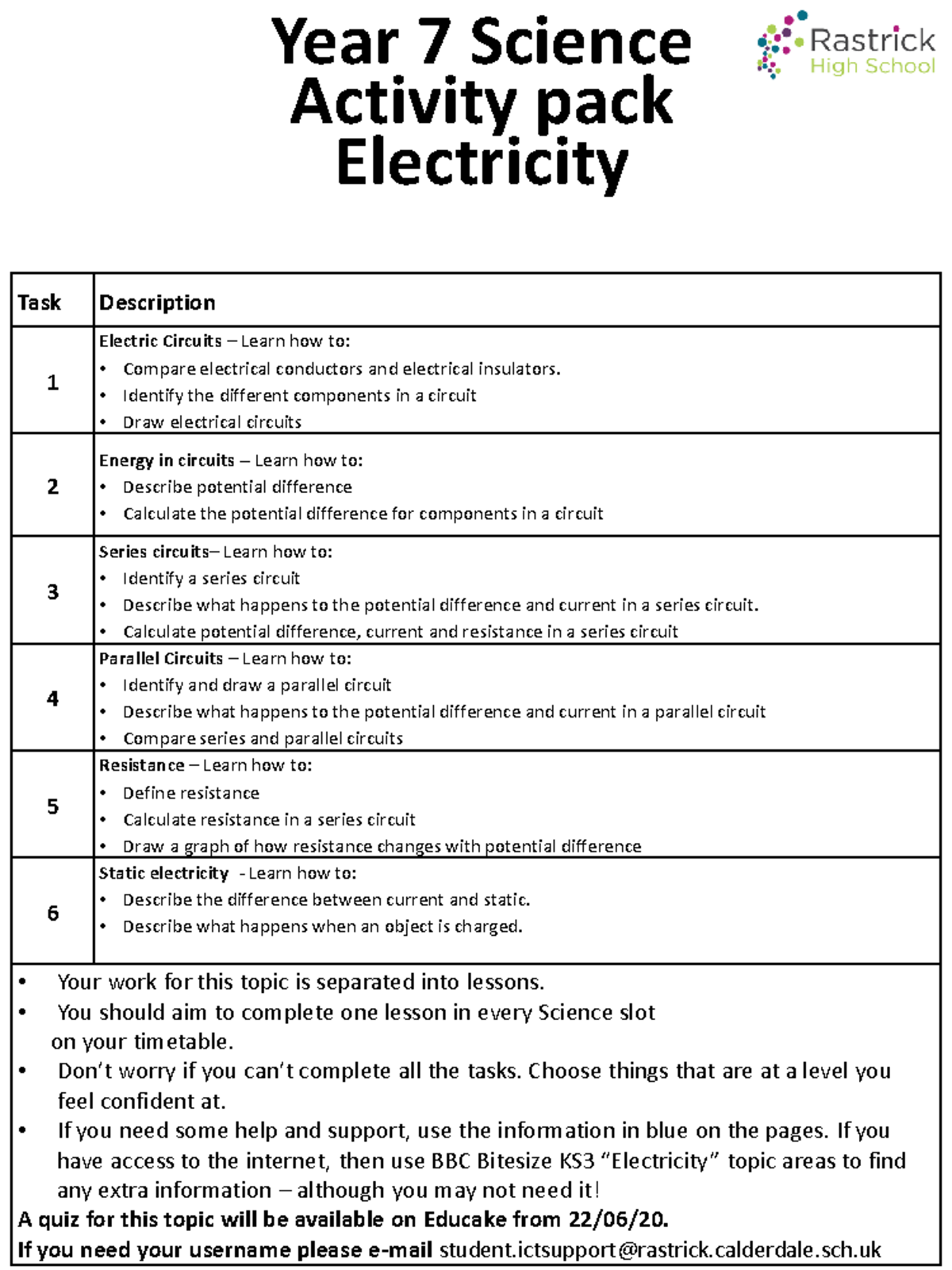 Year 7 Science: Electricity Activity Pack and Lesson Overview - Studocu