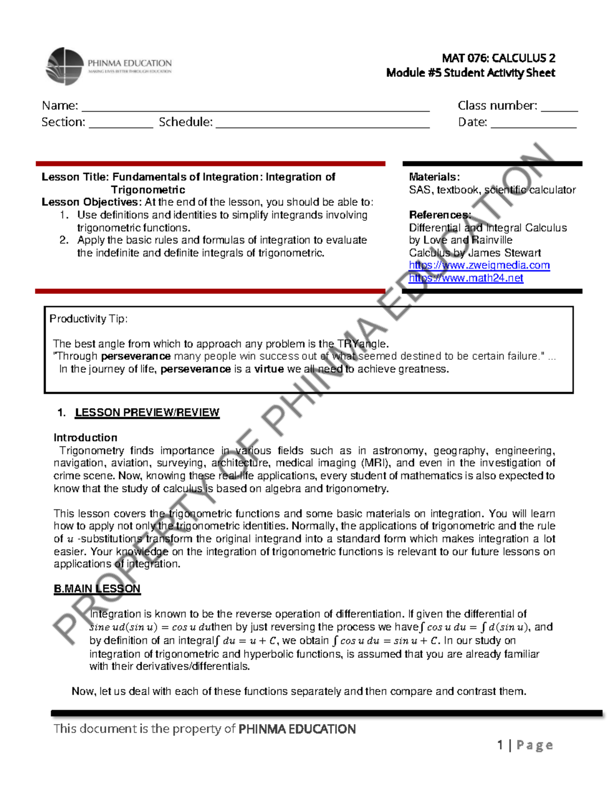 MAT 076: CALCULUS 2 Lesson on Integration of Trigonometric Functions ...