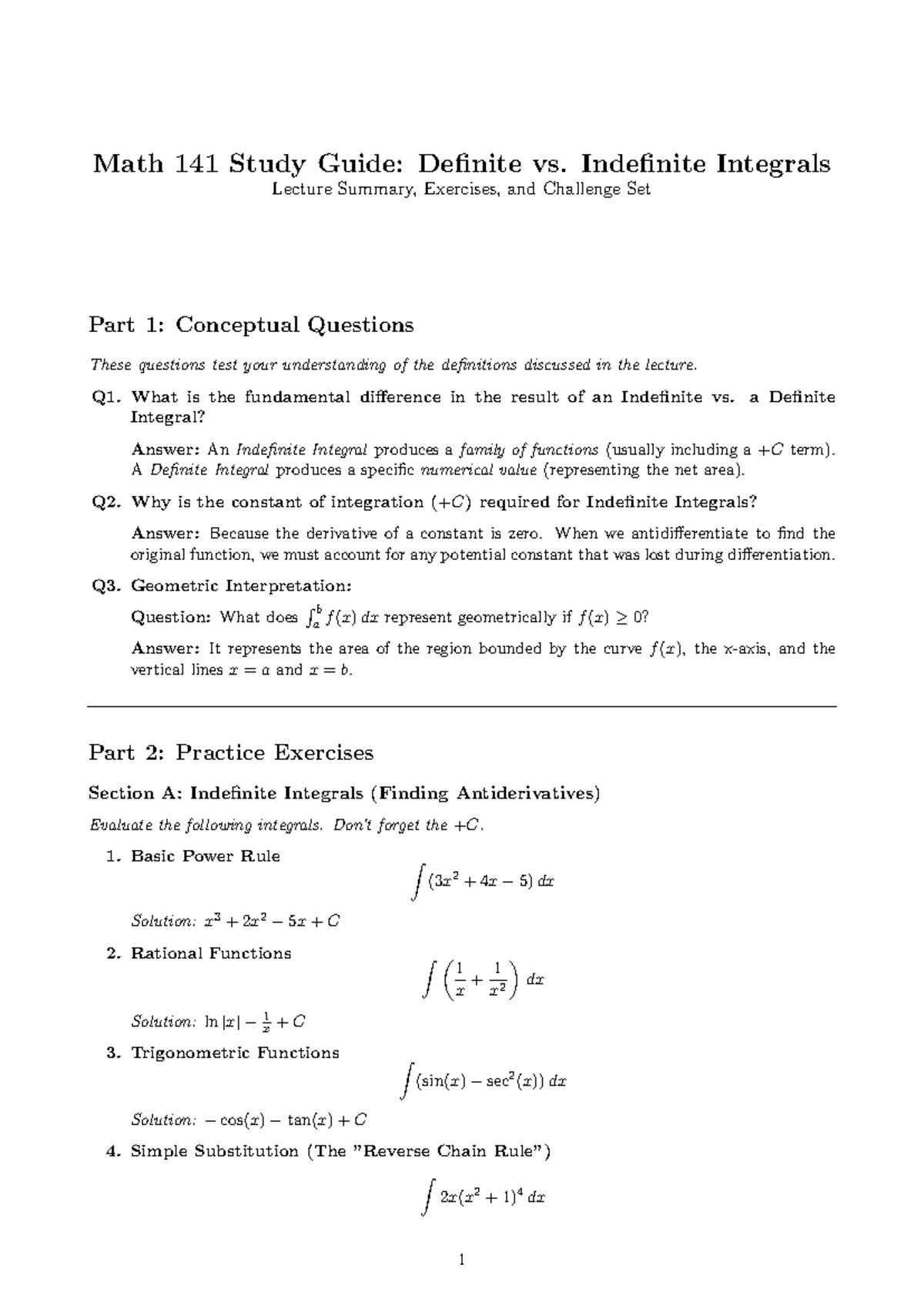 Math 141 Study Guide: Definite vs. Indefinite Integrals Summary ...