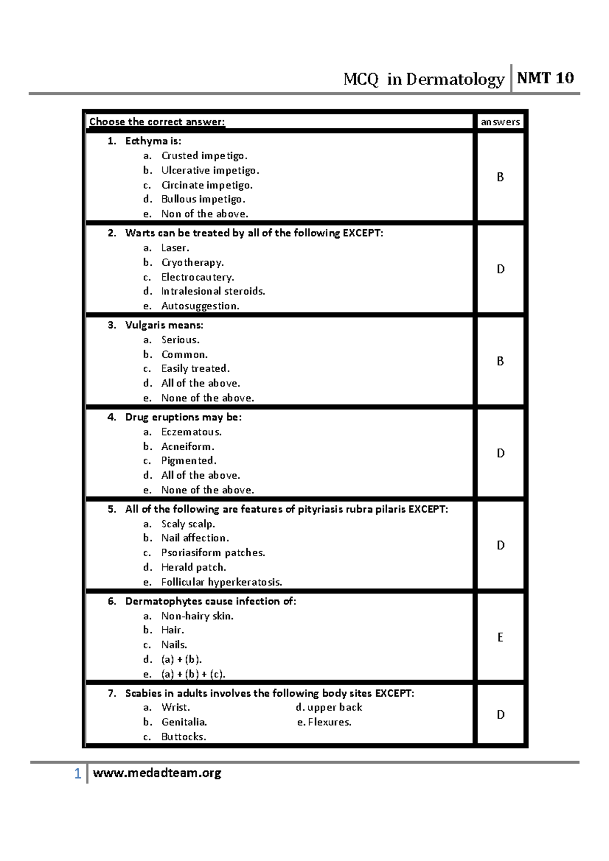 MCQ in Dermatology NMT 10: Comprehensive Question Set - Studocu