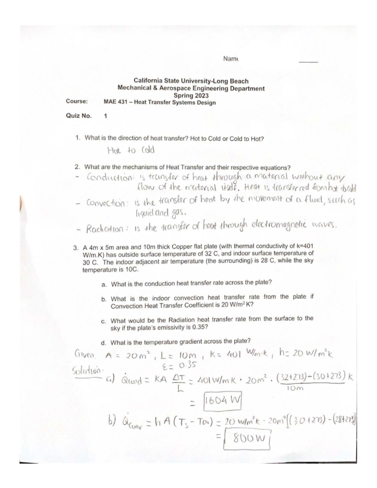 MAE 431 Heat Transfer Systems Design Quiz 1 - Practice Questions - Studocu
