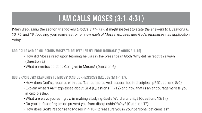 Exodus Week 3 Outline: Moses' Commission & Discipleship Insights - Studocu