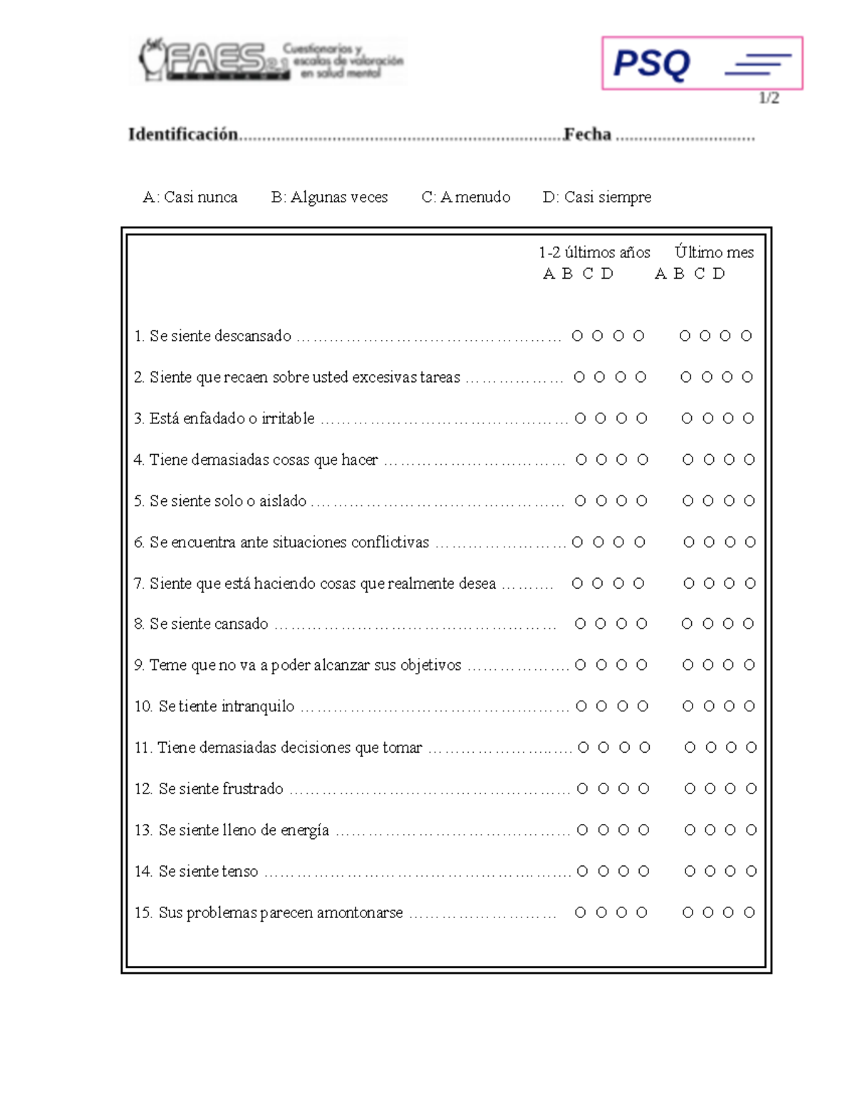 Cuestionario de Estrés Percibido - Levenstein PSQ Evaluación - Studocu
