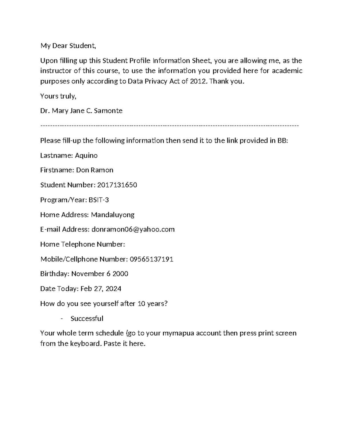 Aquino ITS151L - Student Profile Information Sheet Instructions - Studocu