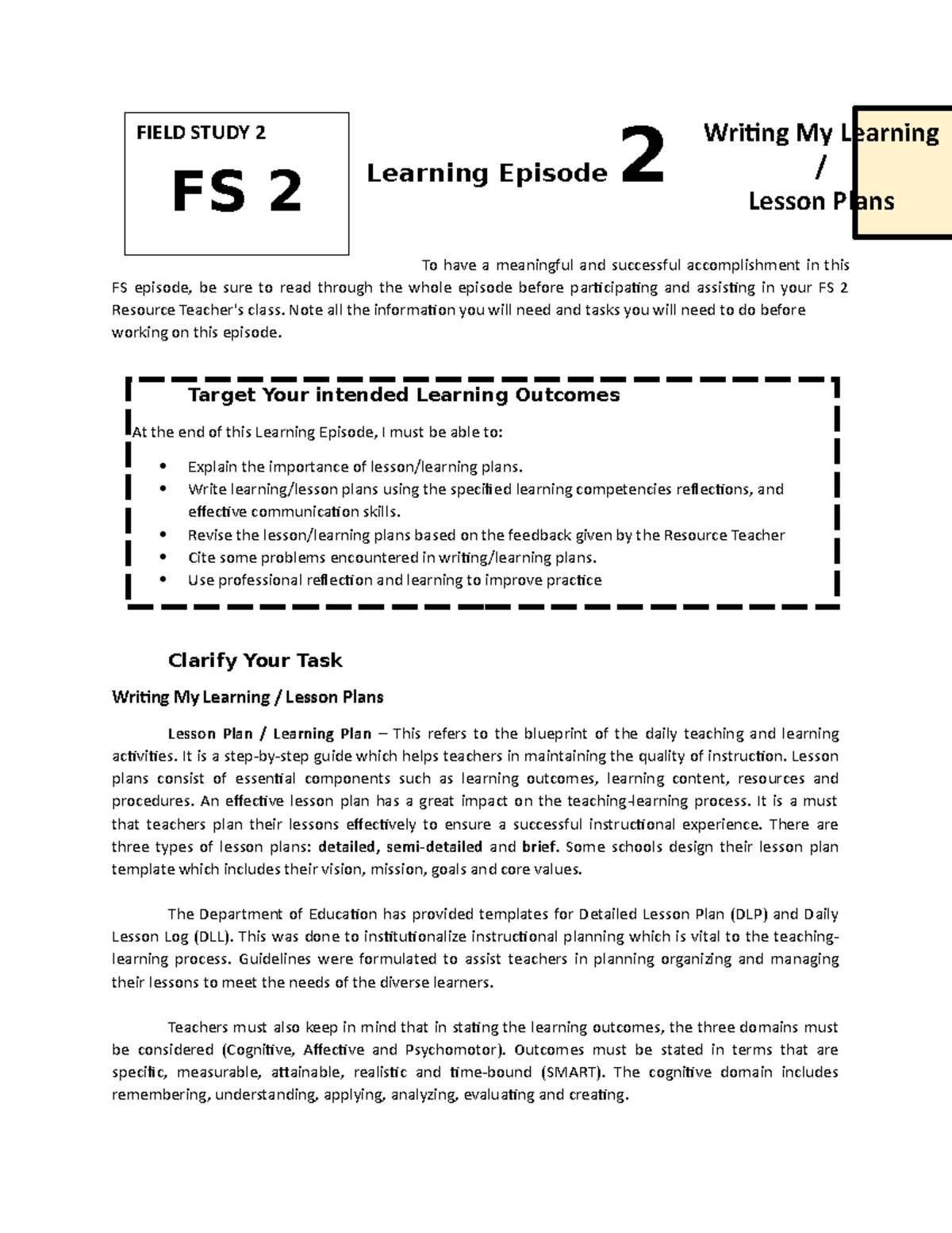 FS-2 Episode 2: Crafting Effective Learning Lesson Plans - Studocu